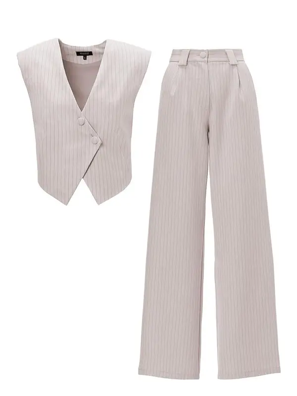 BLUZAT Pinstriped Suit With Asymmetrical Vest And Wide Leg Trousers - Beige