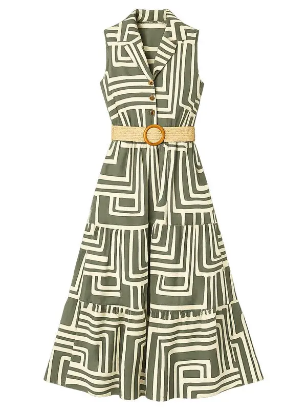 YUMI Viscose Geo Print Midi Shirt Dress With Belt - Green