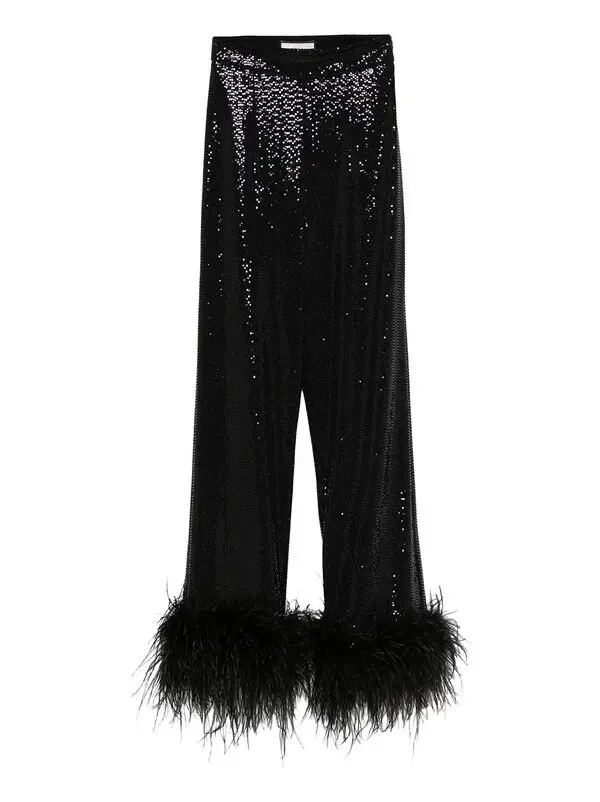 NISSA Feather-trimmed Sequin Culottes - Black