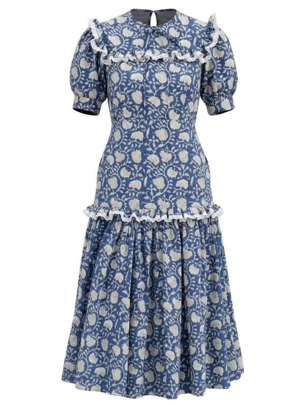ECHO OF PINK High-neck Ruffled Midi Dress - Blue