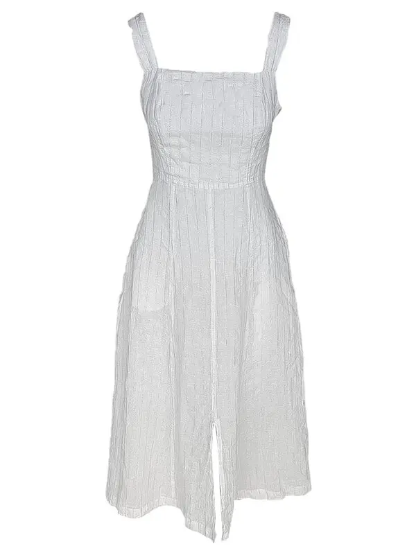 Haris Cotton Square Neck Striped Linen Tie Back Dress - Silver
