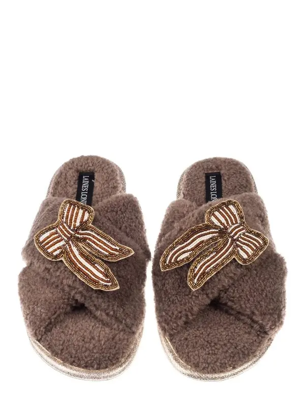 LAINES LONDON Boucle Slippers With Beaded Bow - Brown/gold