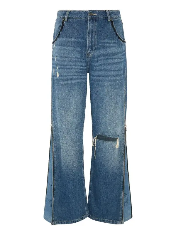 LIMAR Side-zip Sketch Print Wide Leg Denim Jeans - Blue