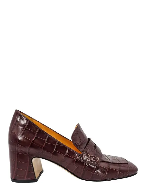 MADISON MAISON Croc-embossed Leather Loafer With Block Heel - Brown