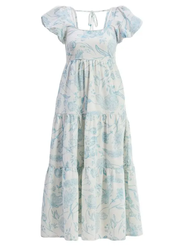 REISTOR Floral Puff Sleeve Tiered Maxi Dress - Blue