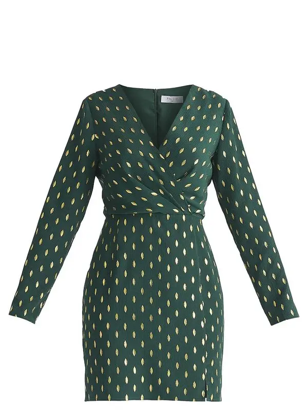 PAISIE Foil Print Mini Wrap Dress - Green/gold