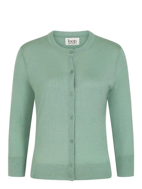 LOOP CASHMERE Three Quarter Sleeve Crew Neck Cardigan - Green