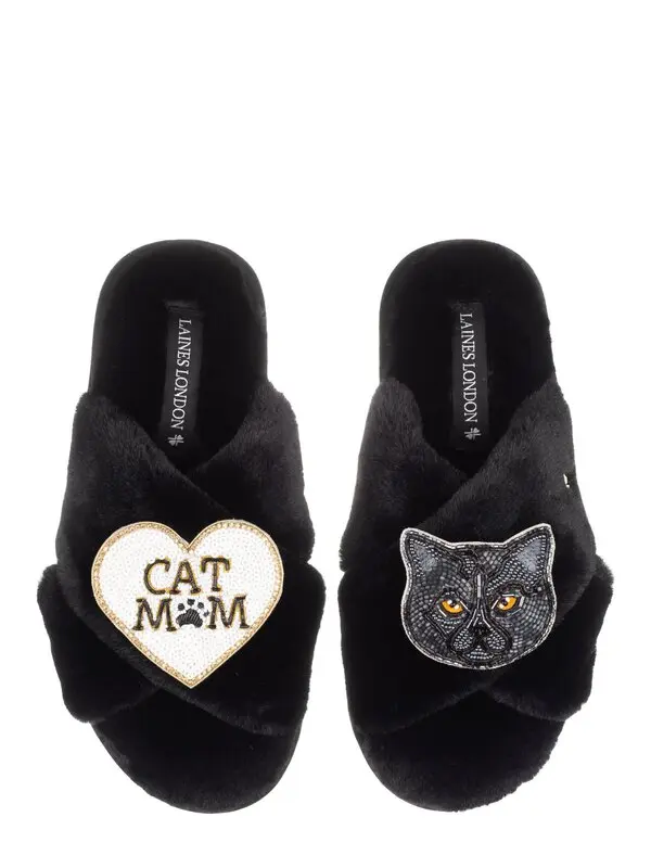 LAINES LONDON Classic Laines Slippers With Cat Brooches - Black