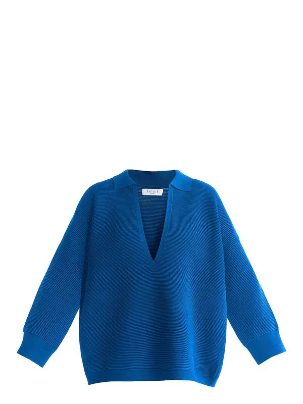 PAISIE Low Cut Ribbed Knit Jumper - Blue