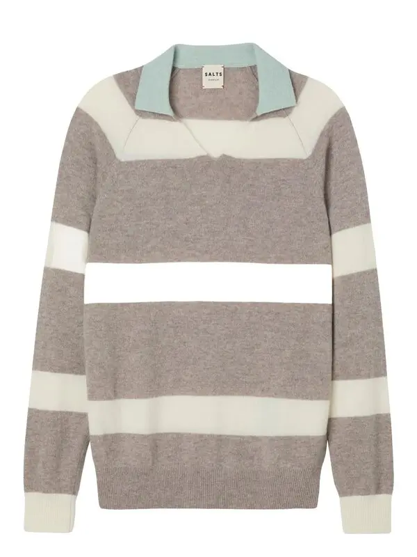 SALTS CASHMERE Split Neck Striped Cashmere Polo Sweater - White