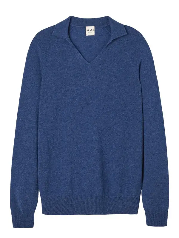 SALTS CASHMERE Split Neck Polo Sweater - Blue