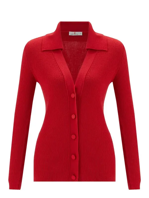 PERALUNA Polo V-neck Ribbed Knit Cardigan - Red