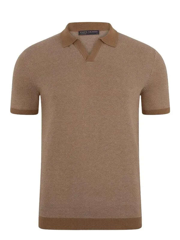 PAUL JAMES KNITWEAR Neutrals Lightweight Cotton Giovanni Honeycomb Buttonless Polo Shirt Camel - Beige