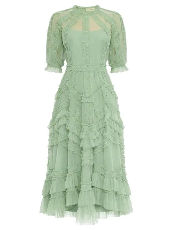 Mac Duggal High Neck Ruffle Tiered Midi Dress - Green