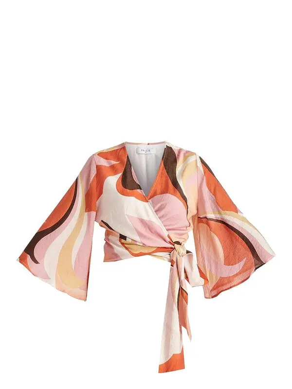 PAISIE Retro Wave Wrap Kimono Blouse - Brown/orange/pink/red/white