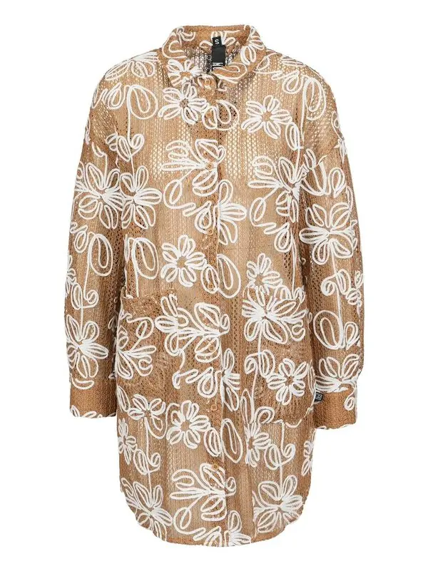 FREAKY NATION Floral Embroidered Mesh Long Jacket - Beige