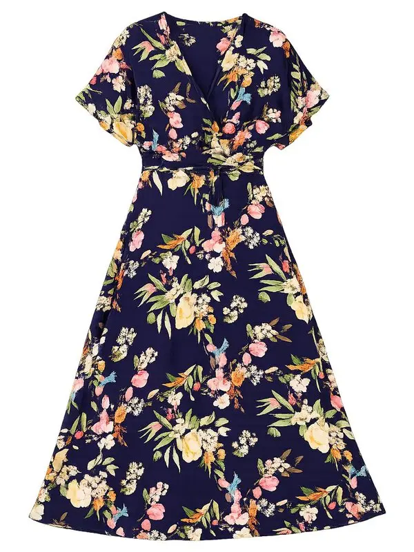 YUMI Floral Print Viscose Midi Dress - Blue