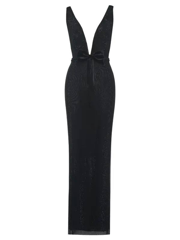 MISS CIRCLE NEW YORK Olympia Belted Bow Plunging Rhinestone Maxi Dress - Black