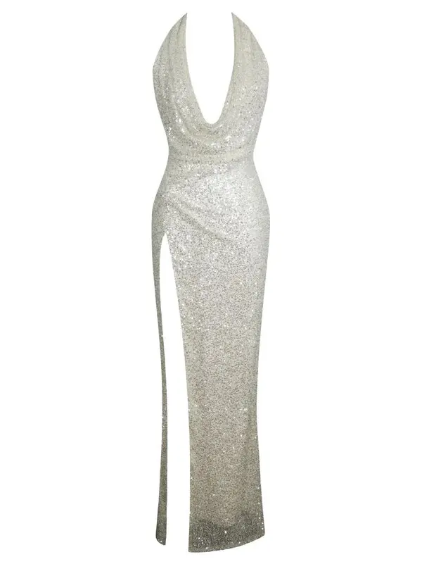 MISS CIRCLE NEW YORK Beaded Halter Backless Maxi Dress - White