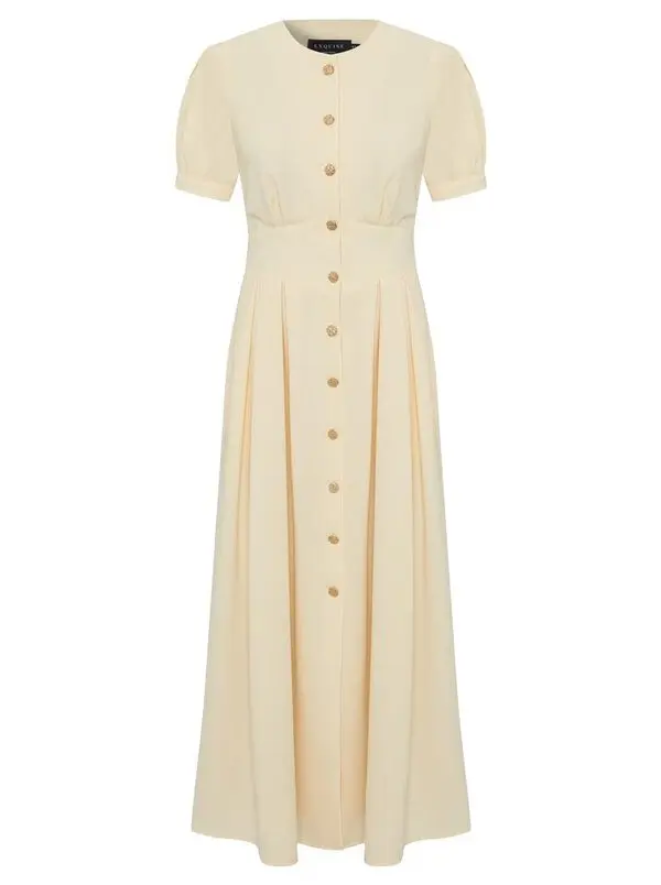 EXQUISE Fitted Waist Short Sleeve Dress - Beige