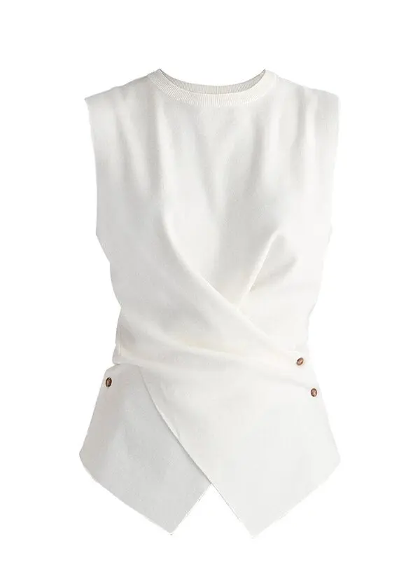 PAISIE Crew Neck Wrap Front Knit Top - White