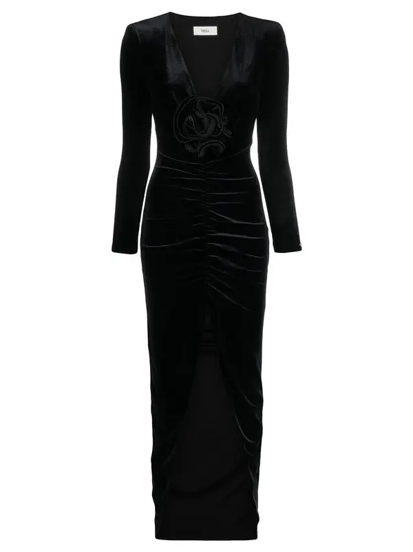 NISSA Floral-detailing Velvet Maxi Dress - Black