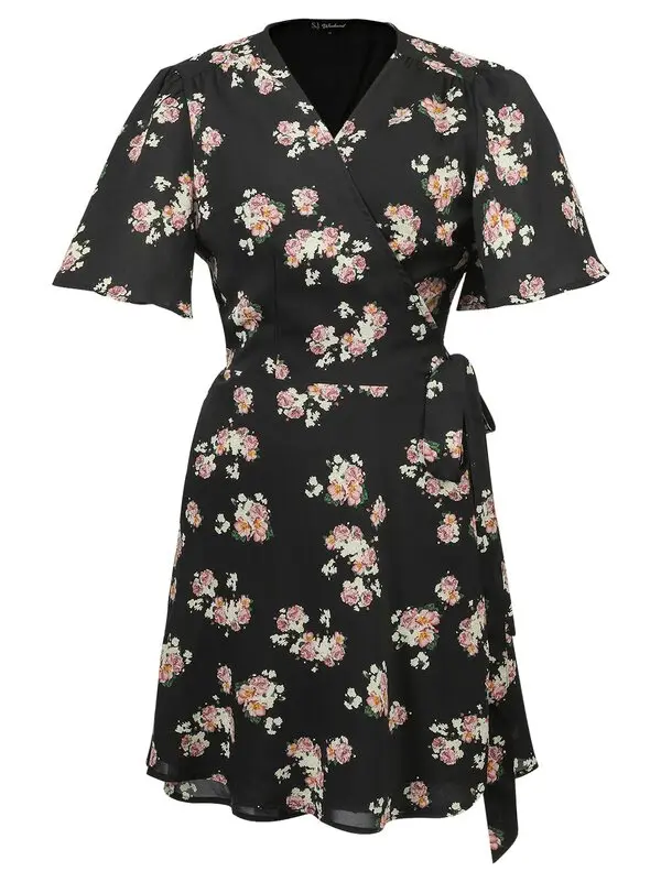 SMART AND JOY Floral Print Wrap Mini Dress - Black