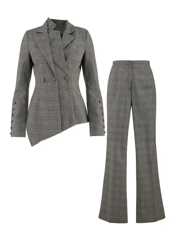 TIA DORRAINE Asymmetric Plaid Suit - Grey