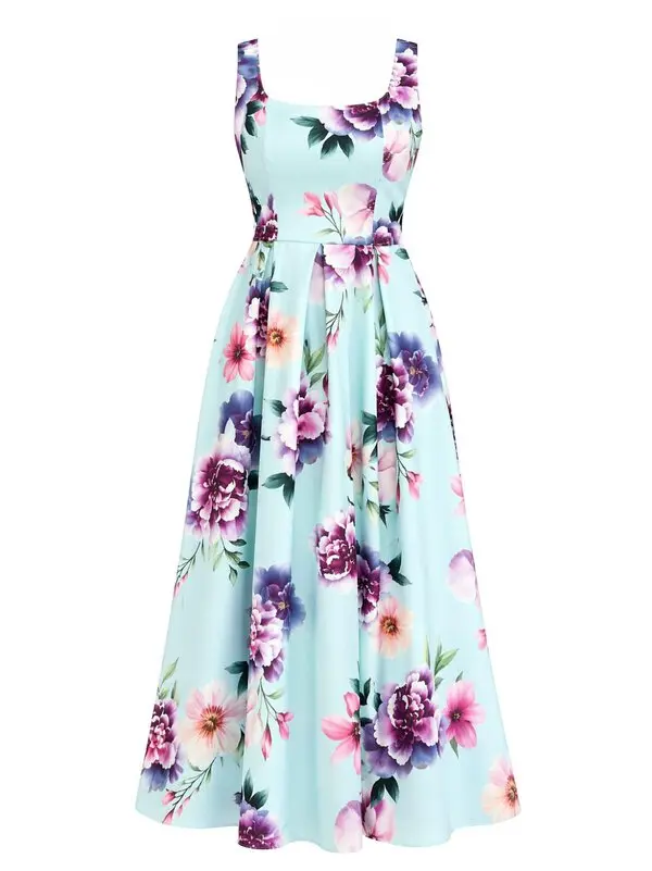GIRL IN MIND Erica Square Neck Pleated Midi Dress - Blue