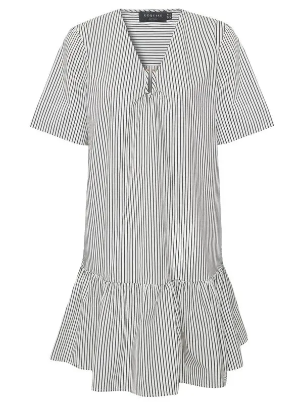 EXQUISE Striped Pleated Cotton Dress With Buckle-neck Detail - White