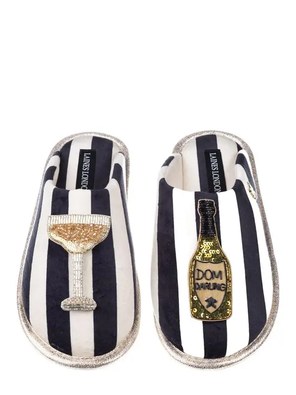 LAINES LONDON Flatform Stripe Slippers With Brooches - Black/white