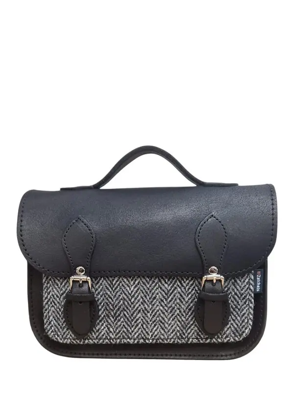 ZATCHELS Midi Leather & Tweed Crossbody Satchel - Black