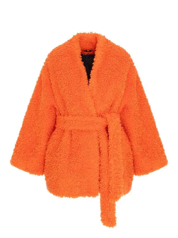 CONCEPT A TROIS Eco-fur Short Jacket With Drawstring - Orange
