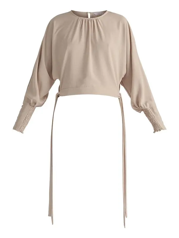 PAISIE Waist Tie Top With Shirred Cuffs - White