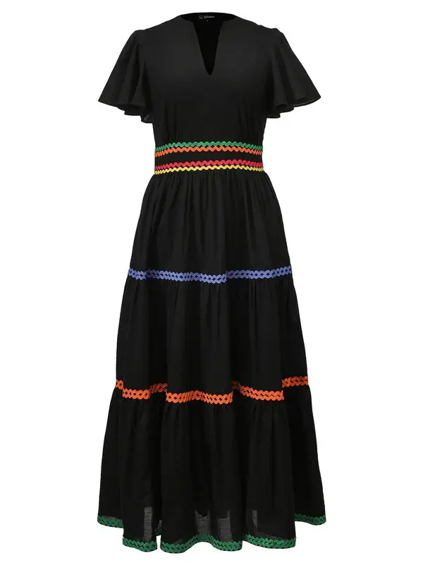 SMART AND JOY Contrasted Trims Tiered Panel Maxi Dress - Black