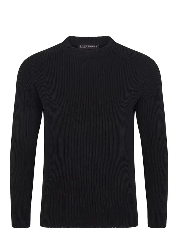 PAUL JAMES KNITWEAR Midweight Cotton Logan Ribbed Crew Neck Jumper - Black