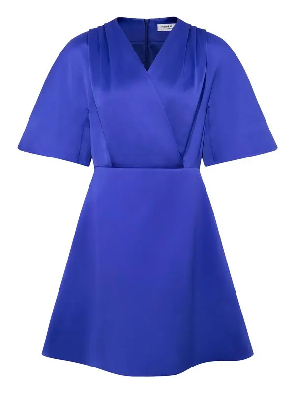 FEMPONIQ Pleated Shoulder Kimono Sleeve Satin Duchess Dress - Blue