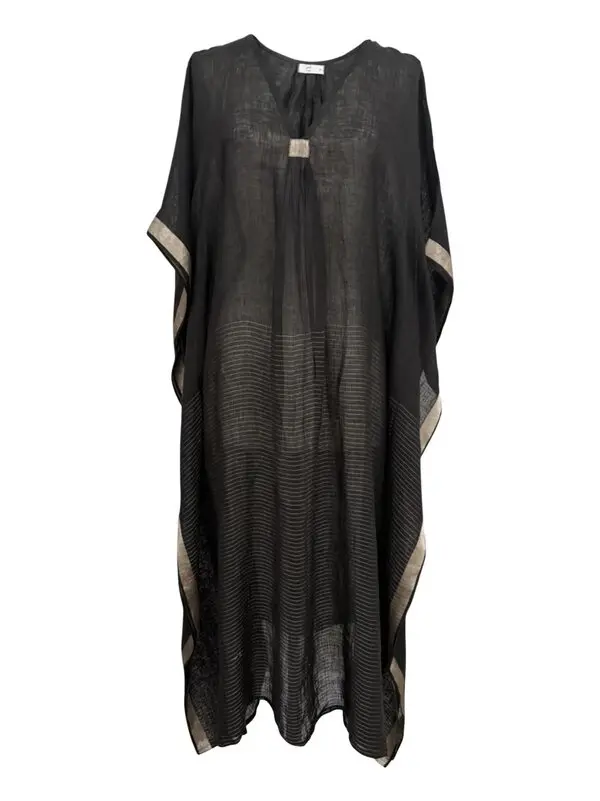 JOSHI V-neck Linen Kaftan With Metallic Border - Black