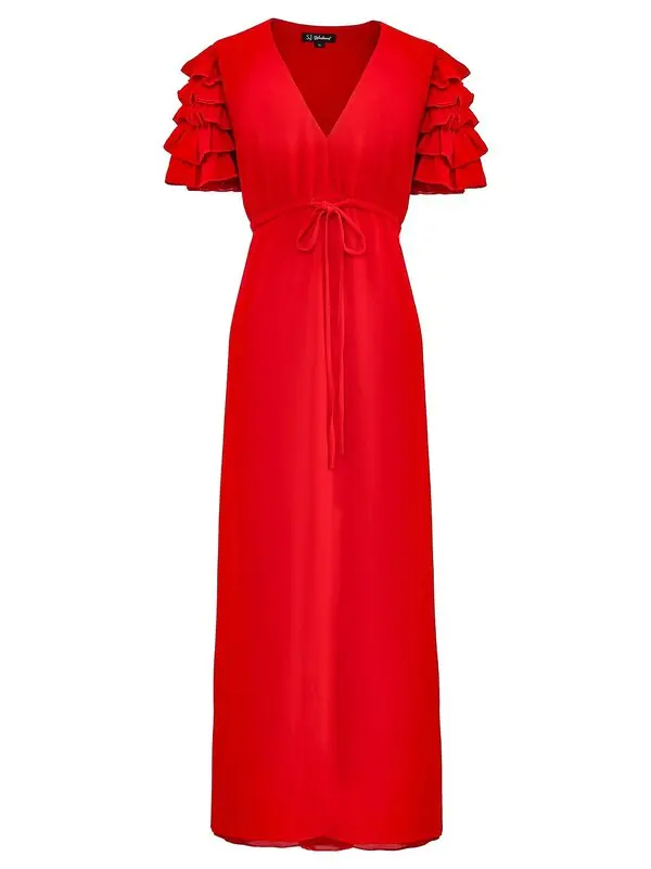 SMART AND JOY Tiered Frills Shoulder Maxi Dress - Red