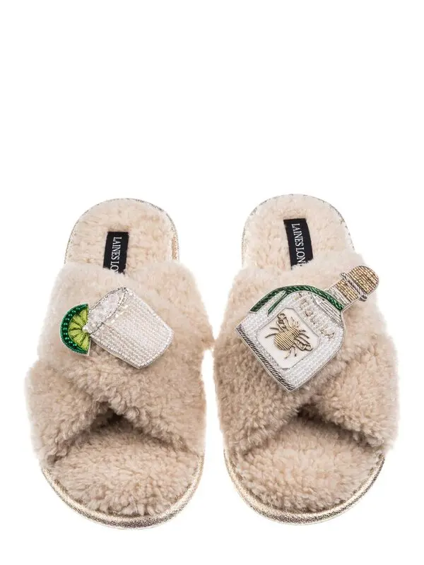 LAINES LONDON Boucle Slippers With Brooches - Brown
