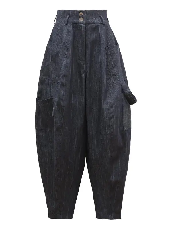JULIA ALLERT Baggy Wide Leg Cargo Jeans With Pinstripes - Blue