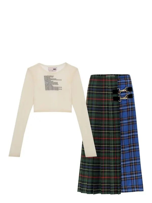 COME ON Mesh Top And Pleated Kilt Outfit - White/blue