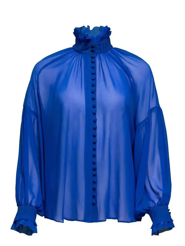 HELENE GALWAS Babett Silk Blouse With Ruffled Collar And Raglan Sleeves - Blue