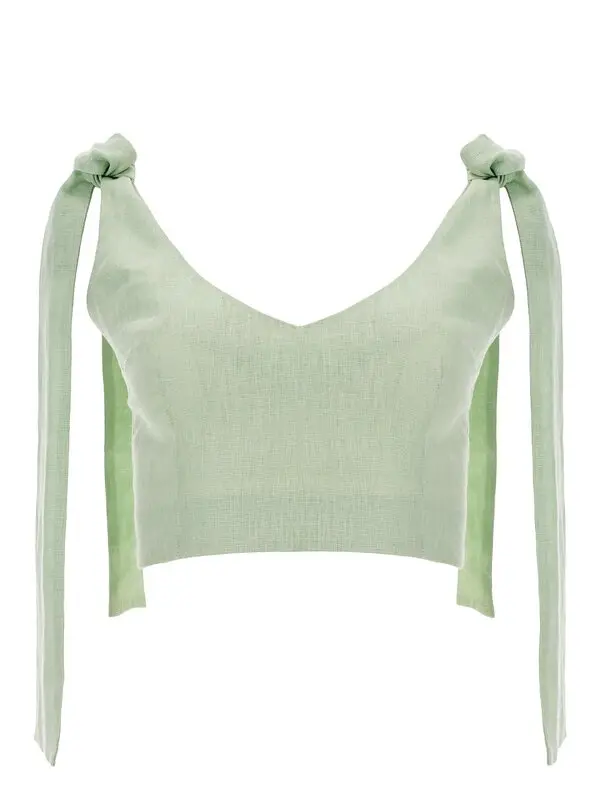 LITA COUTURE Linen Crop Top With Bow Straps - Green