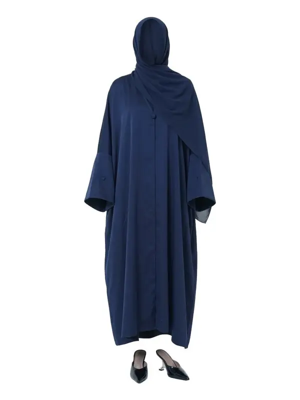 ASHITA FERNANDES Satin Blend Front Open Abaya With Embroidered Sheila Set - Blue