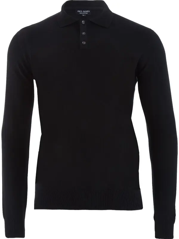 PAUL JAMES KNITWEAR Cotton Hall Long Sleeve Knitted Polo Shirt - Black