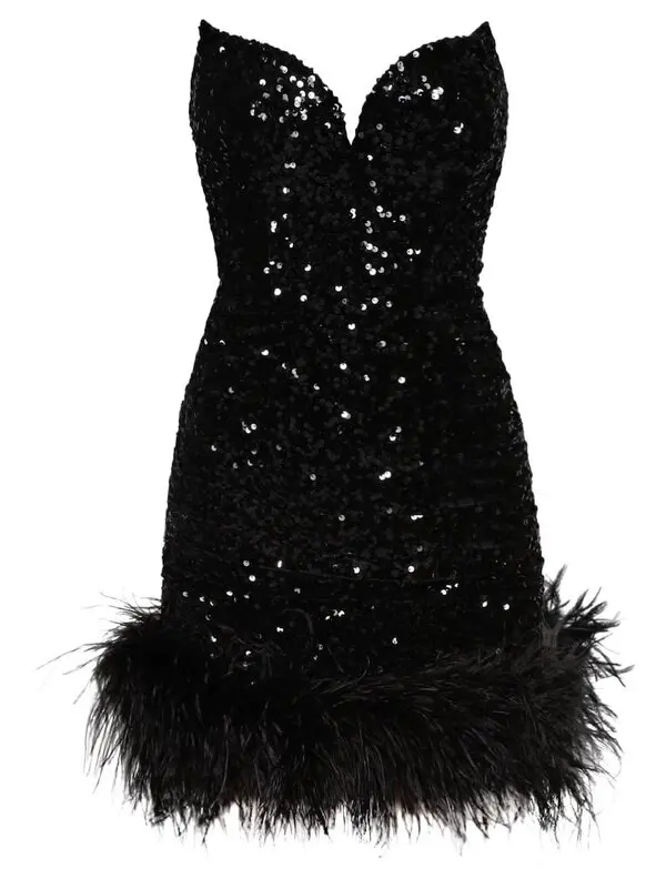 MODA GLAM Ziva Sequin Strapless Mini Dress With Feather Trim - Black