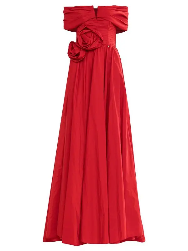 NISSA Floral-appliqué Taffeta Maxi Dress - Red