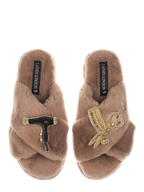 LAINES LONDON Classic Slippers With Hairdresser Brooches - Brown