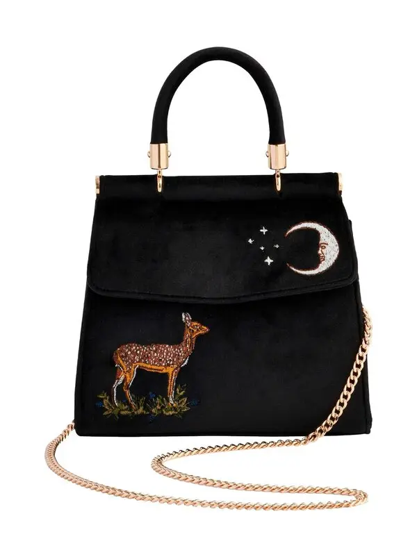 FABLE ENGLAND Deer & Moon Embroidered Velvet Tote - Black